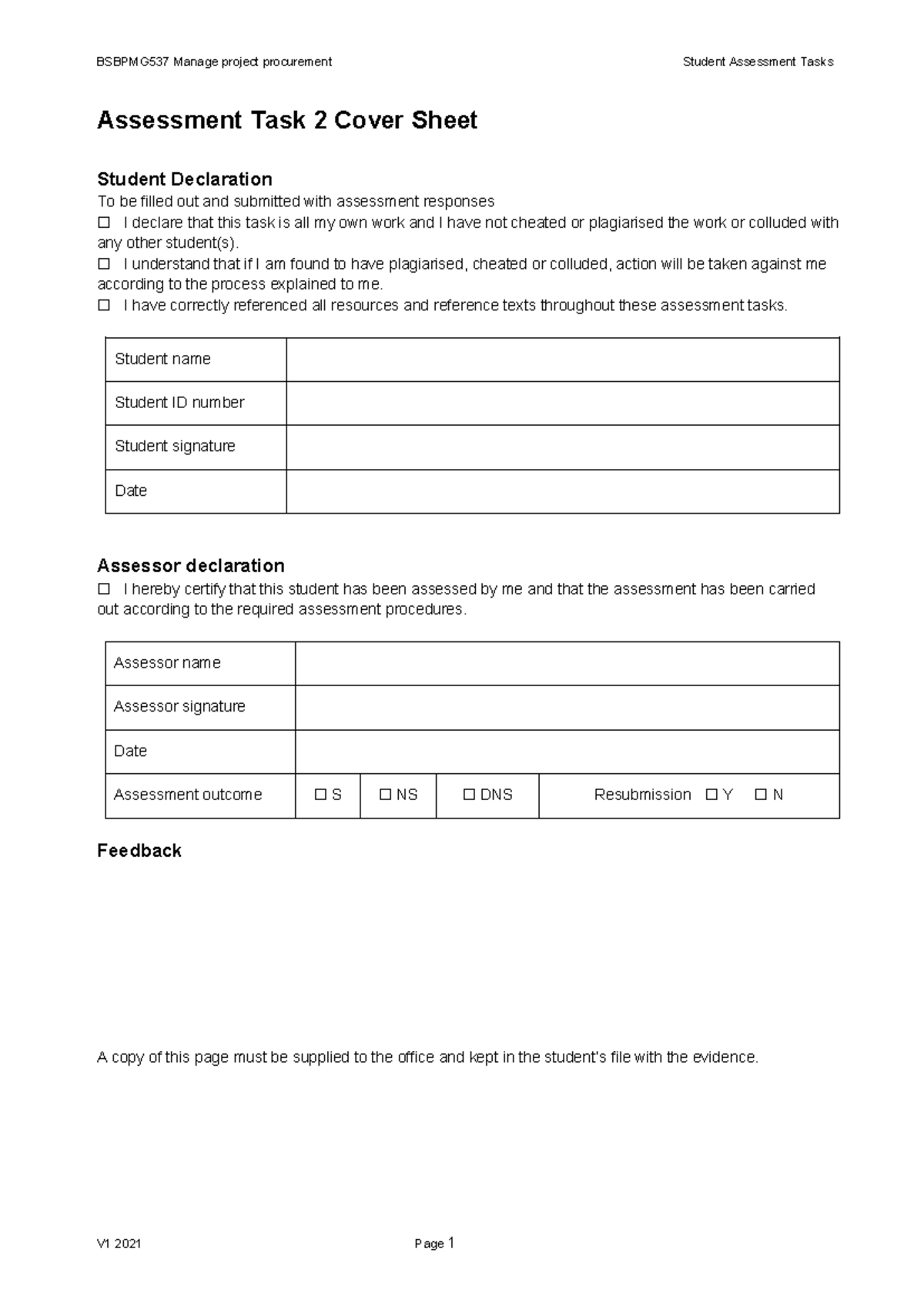 Bsbpmg 537 Task 2 Student Name ID Attempt # - Assessment Task 2 Cover ...