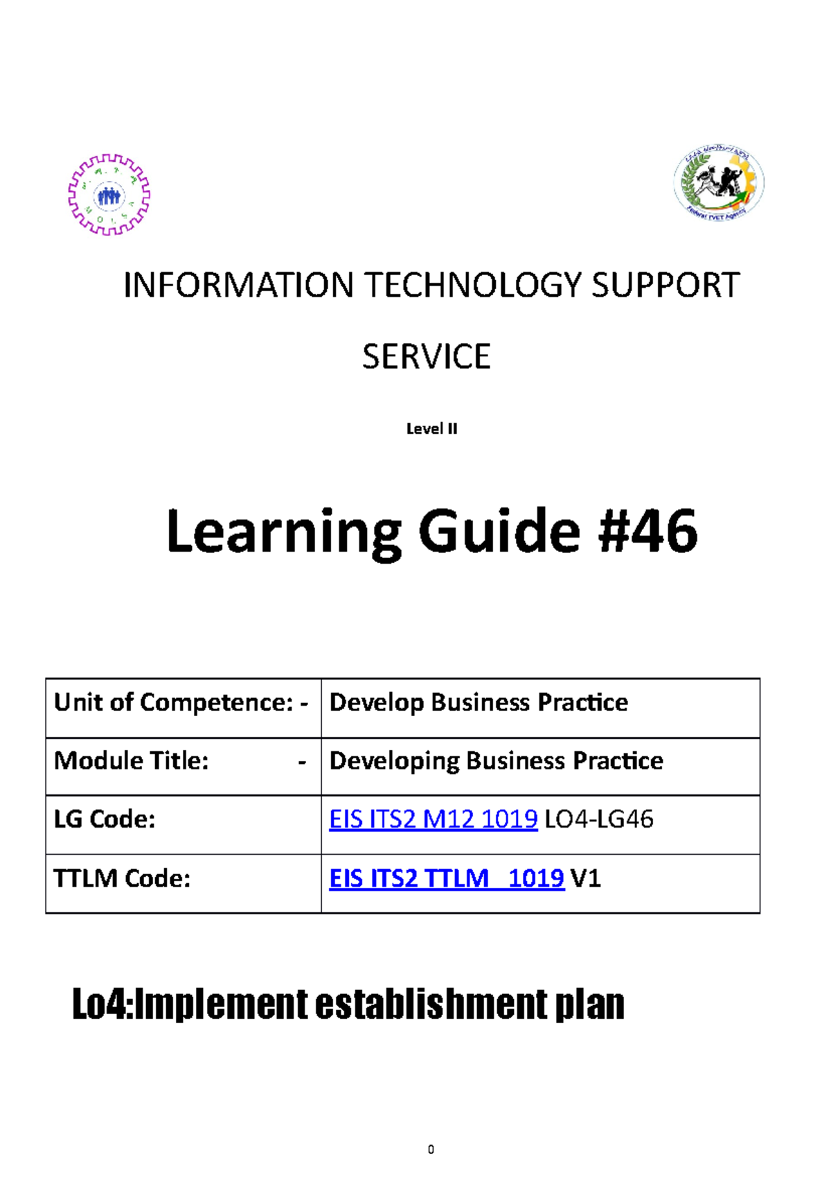 LO4 Implement establishment plan - INFORMATION TECHNOLOGY SUPPORT SERVICE Level II Learning ...