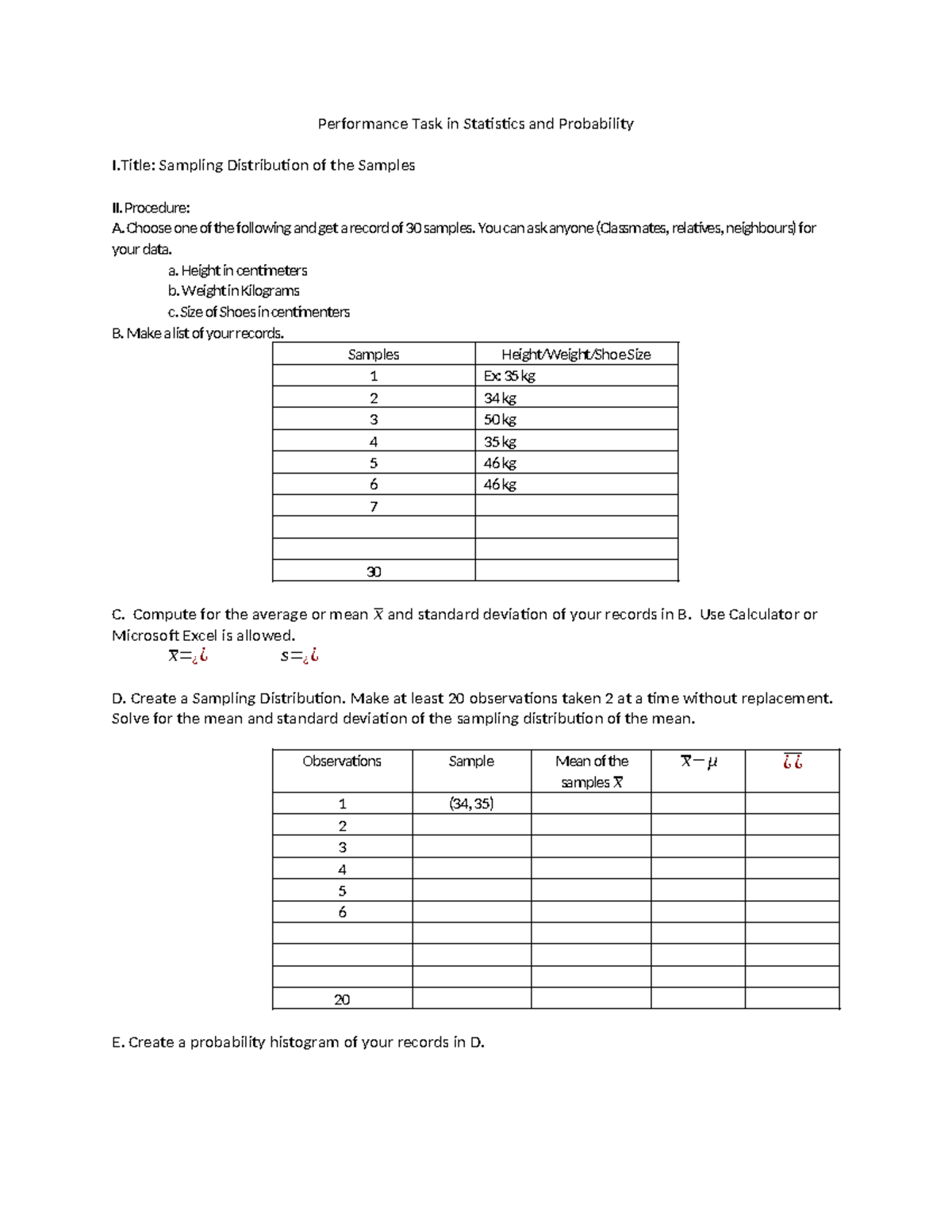 Performance Task in Statistics and Probability - Procedure: A. Choose ...