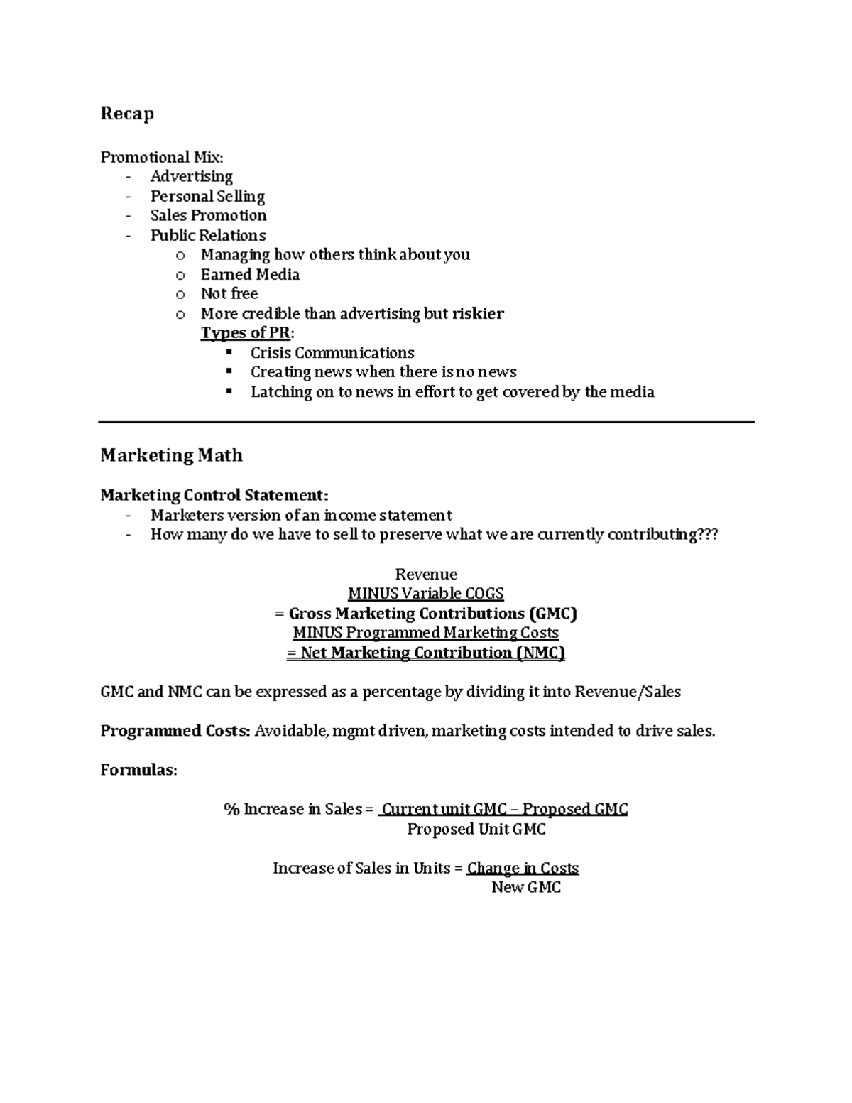 Marketing Math Notes - Recap Promotional Mix: - Advertising - Personal ...