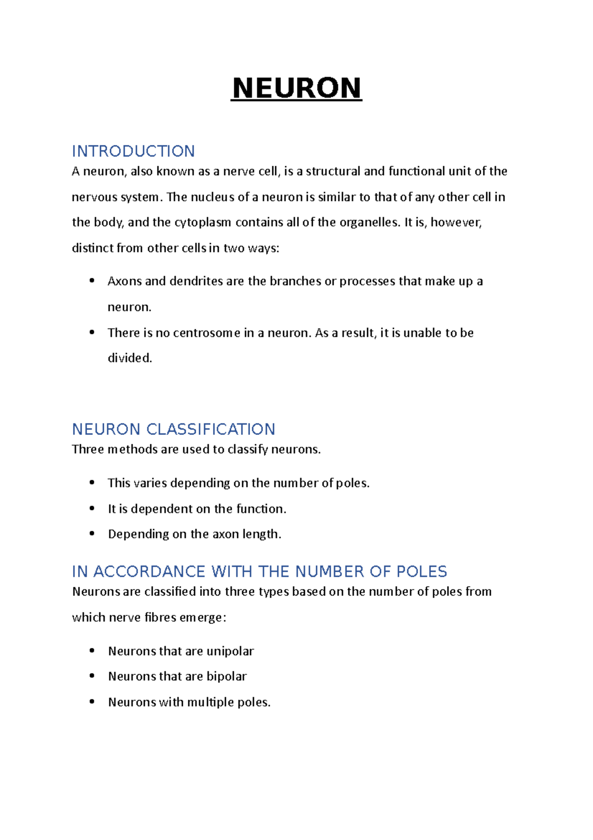 Brief NOTE ON Neuron - Lecture notes 1 - NEURON INTRODUCTION A neuron ...