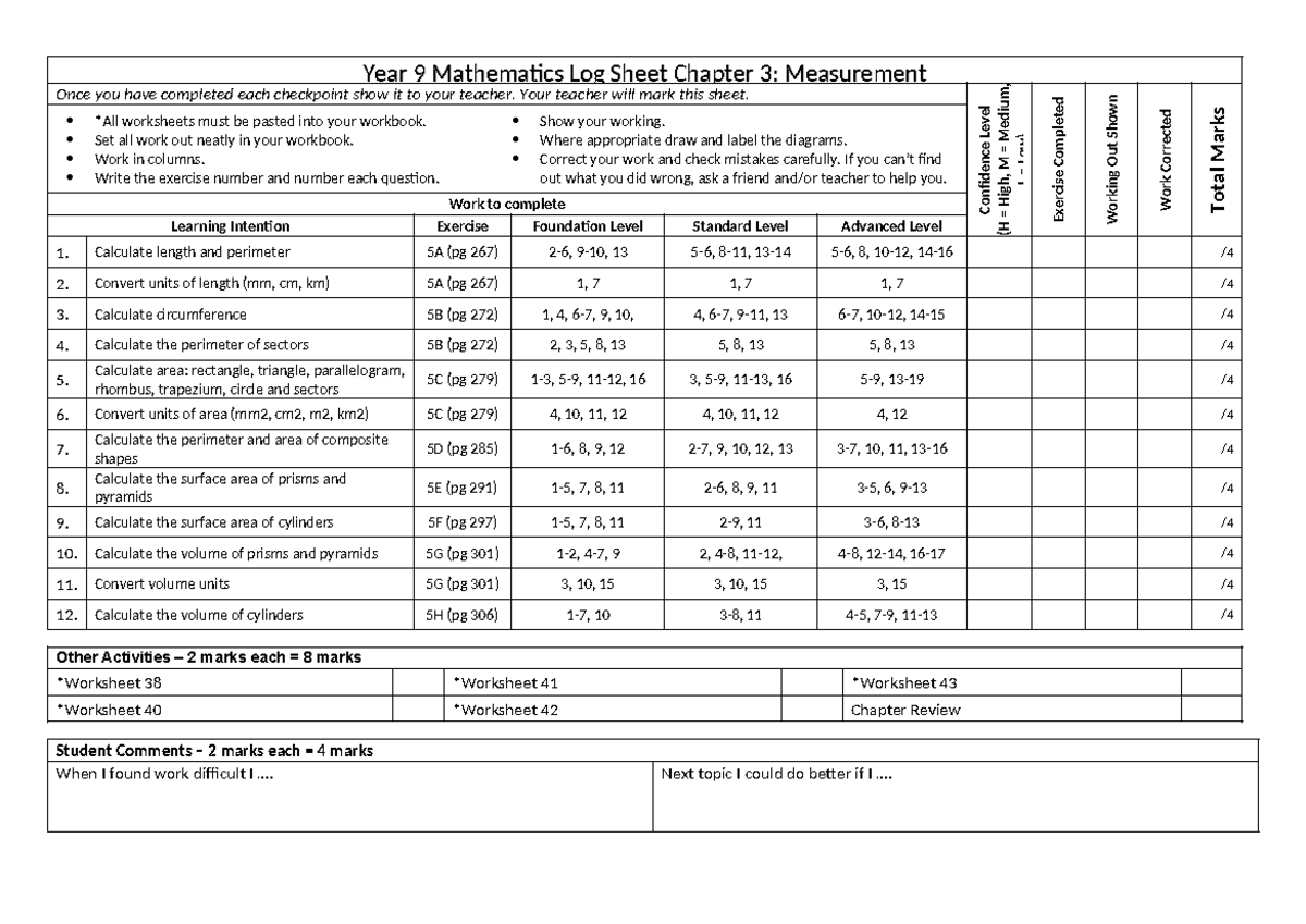 Measurement log ver 2 - dddd - Year 9 Mathematics Log Sheet Chapter 3 ...