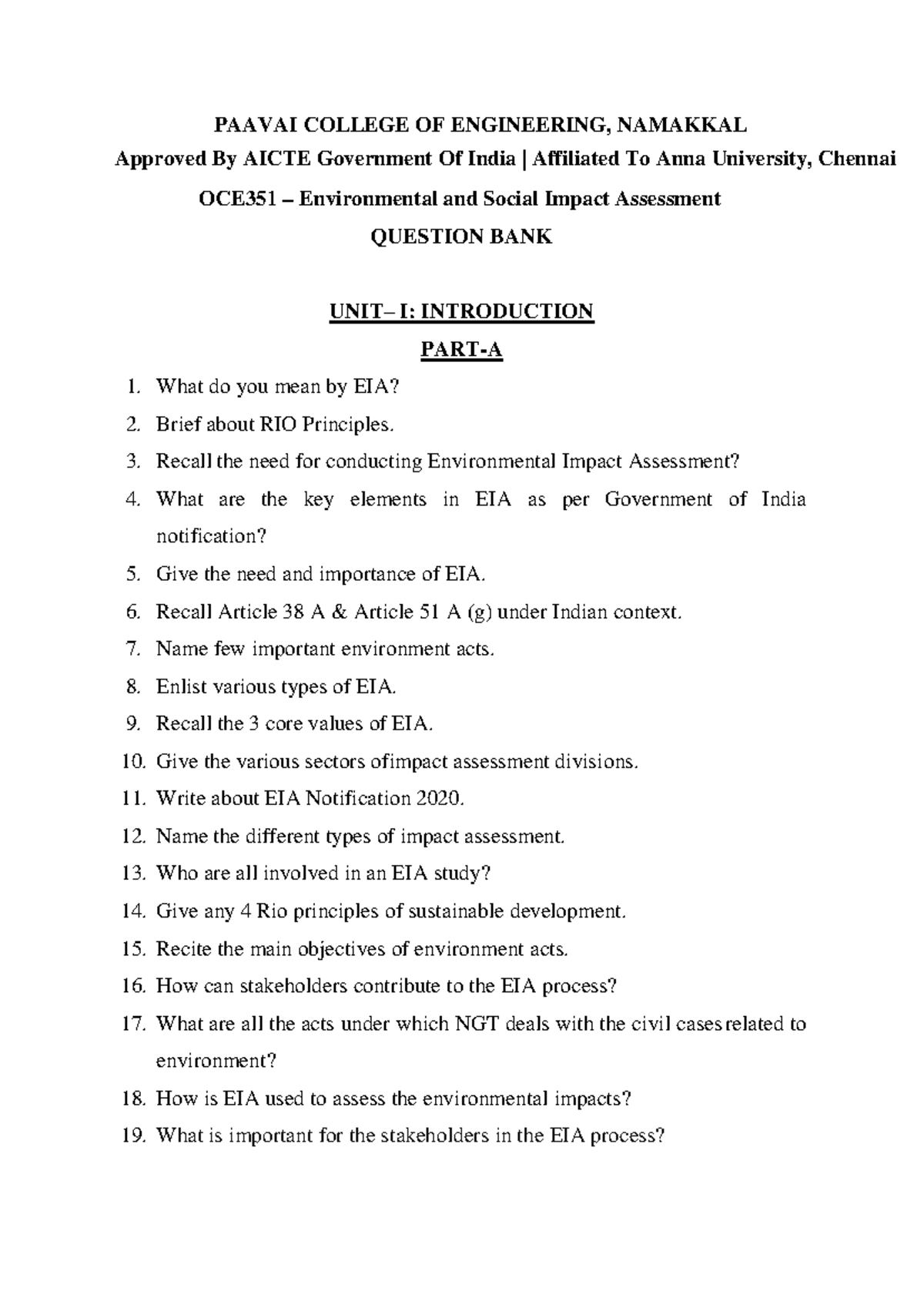 OCE351 - ESIA QB - Help full for exam preparation - QUESTION BANK UNIT ...