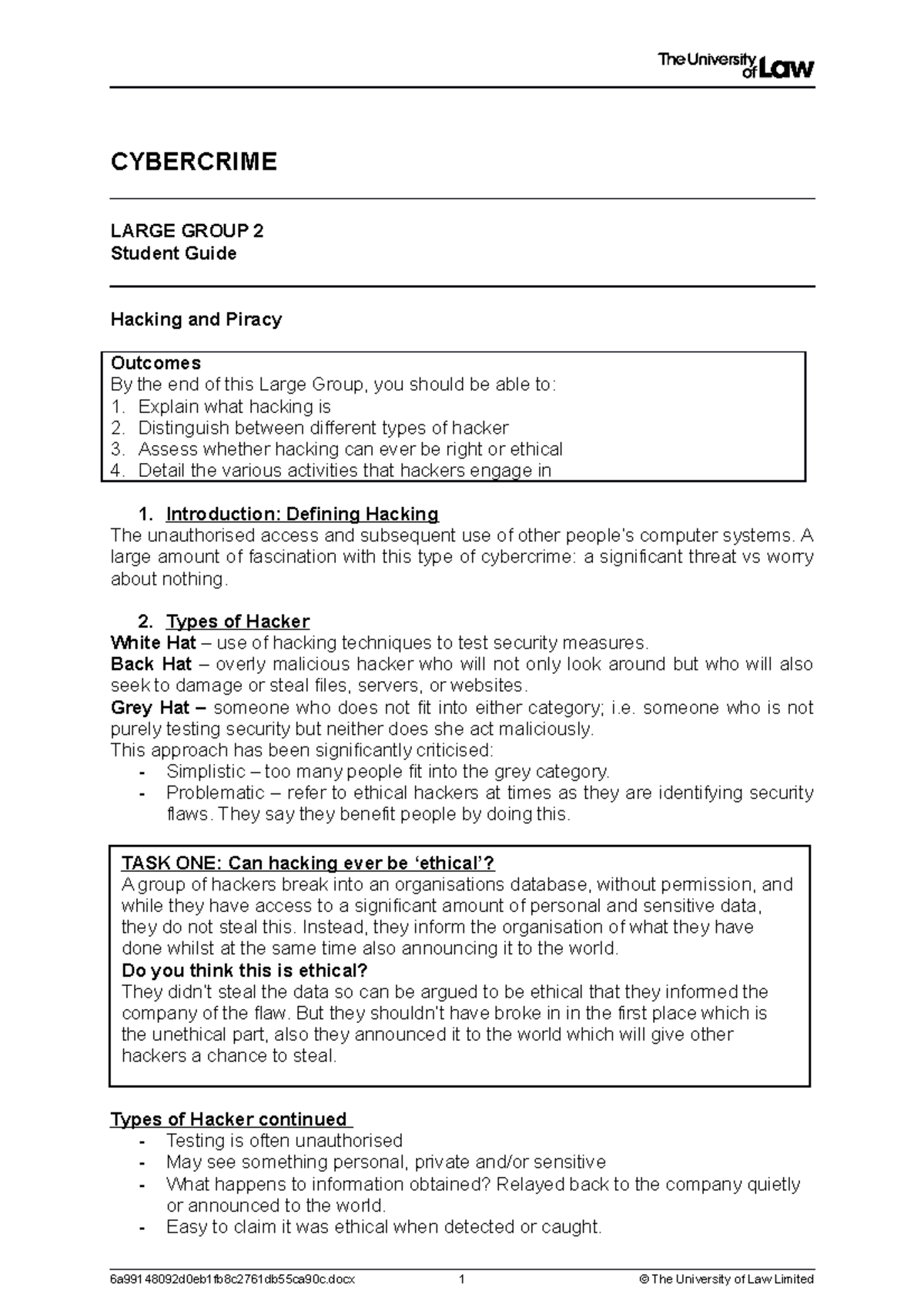 Cybercrime LG 2 - CYBERCRIME LARGE GROUP 2 Student Guide Hacking and ...