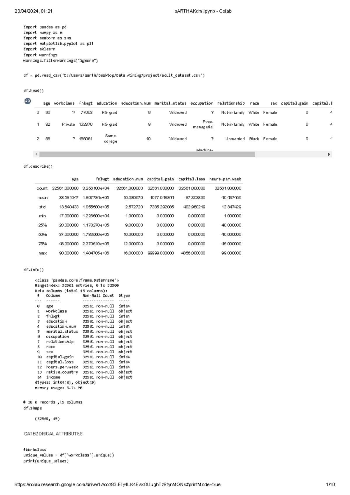 S Arthakdm.ipynb - Colab - import pandas as pd import numpy as m import seaborn as sns import ...
