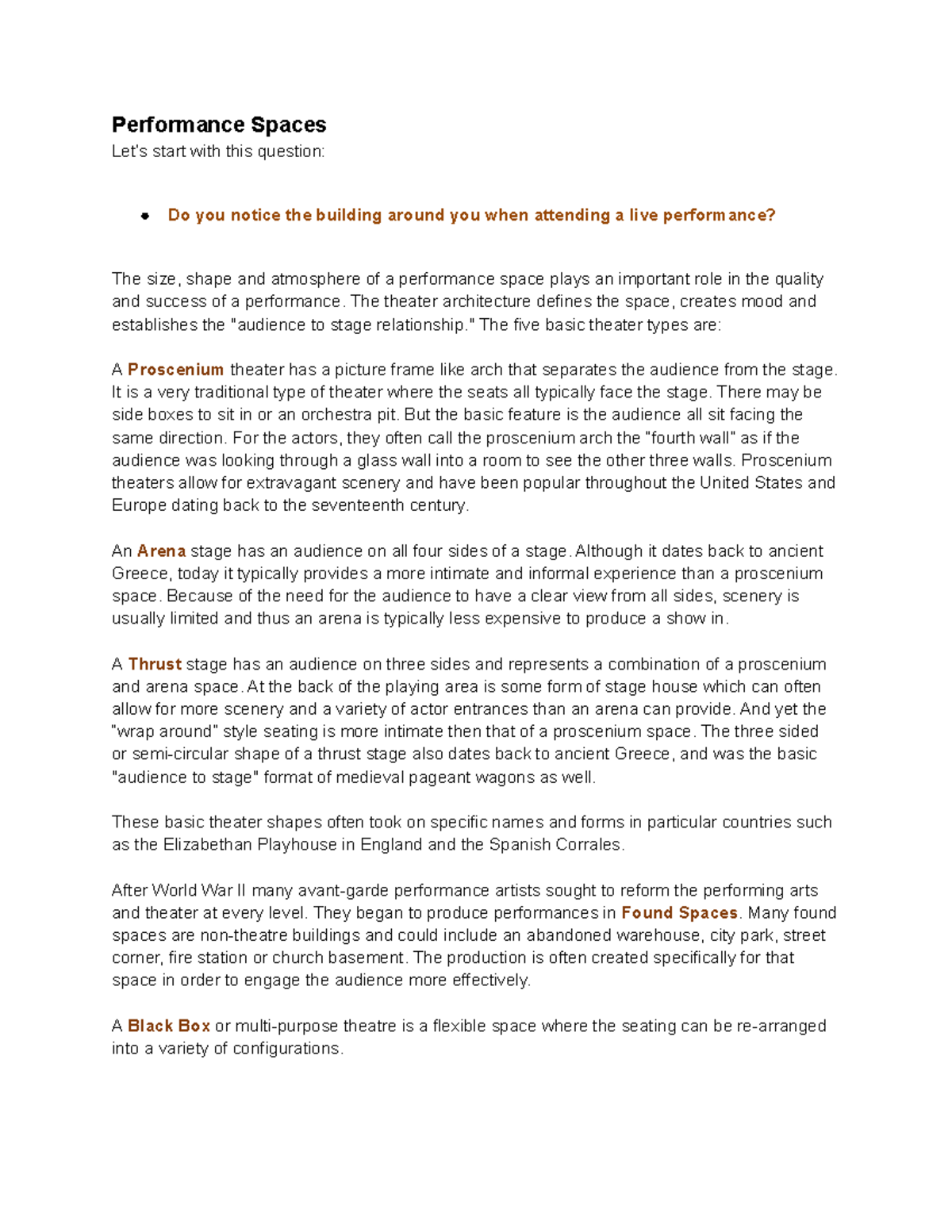 Performance Spaces - Performance Spaces Let’s start with this question ...