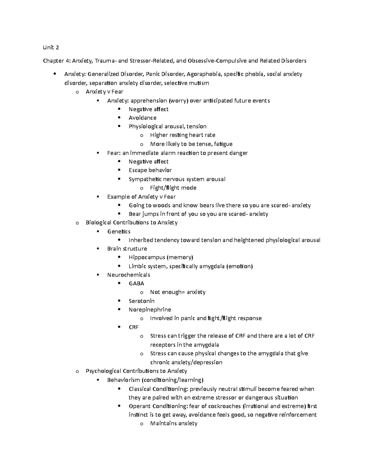 Abnormal Psych Unit 2 Notes - Unit 2 Chapter 4: Anxiety, Trauma- and ...