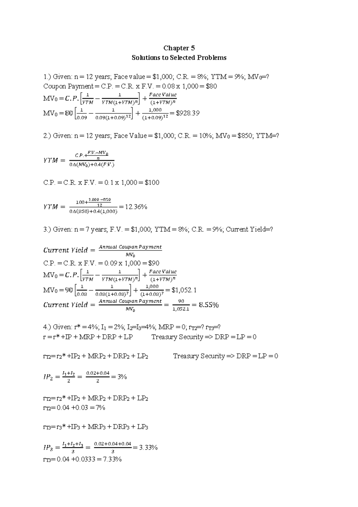Chapter 5 Solutions to Selected Problems - ) Given: n = 12 years; Face value = $1,000; C. = 8% ...