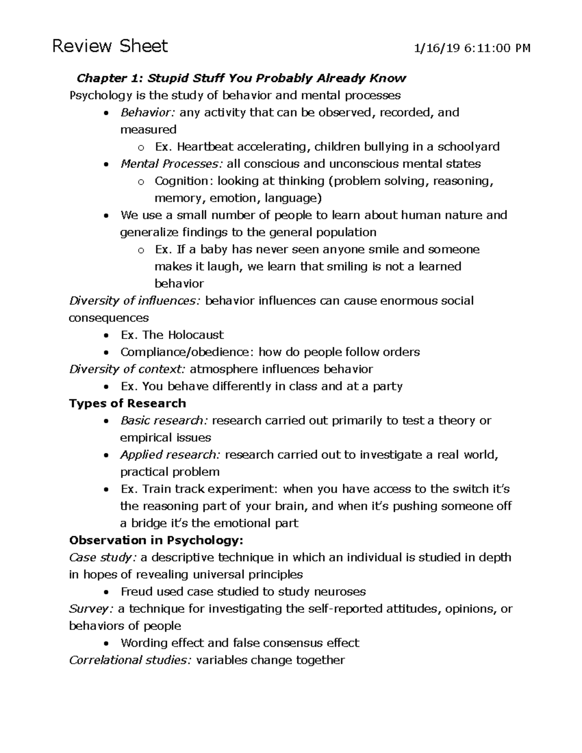 Psych Review Sheet - Lecture notes All - Review Sheet 1/16/19 6:11:00 ...
