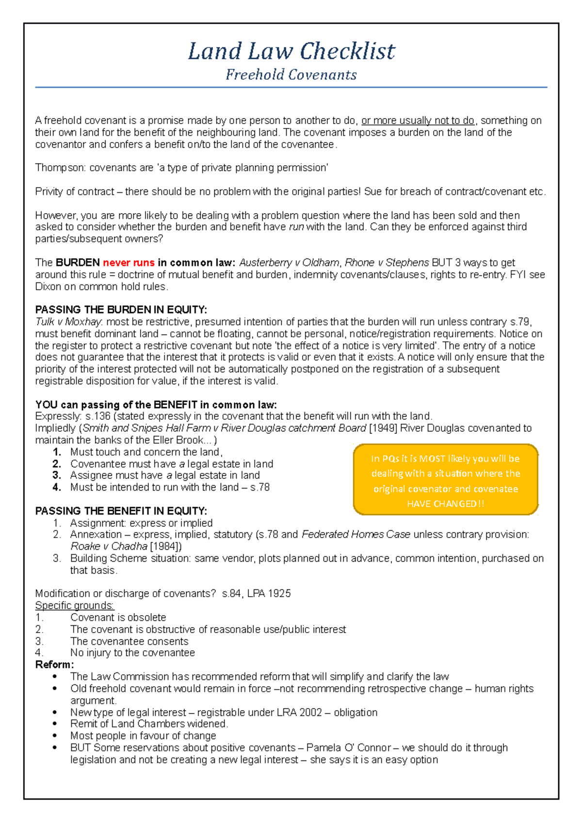 Land Law Checklist covenants - Land Law Checklist Freehold Covenants A ...