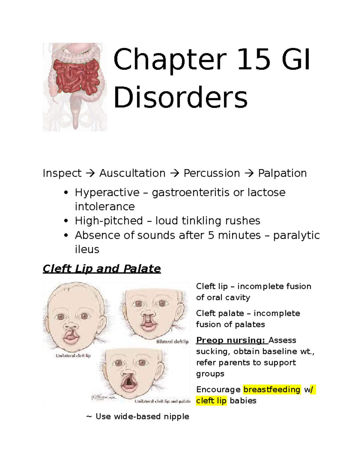Chapter 15 GI Disorders - Chapter 15 GI Disorders Inspect Auscultation ...