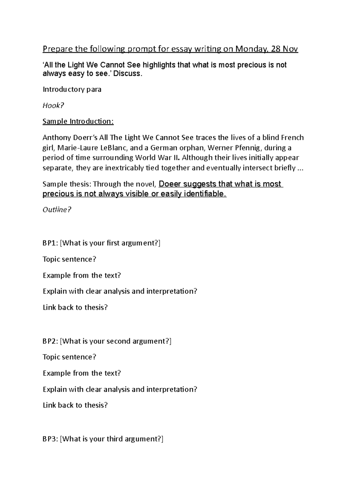 Writing template Essay 3 Atlwcs - Prepare the following prompt for ...