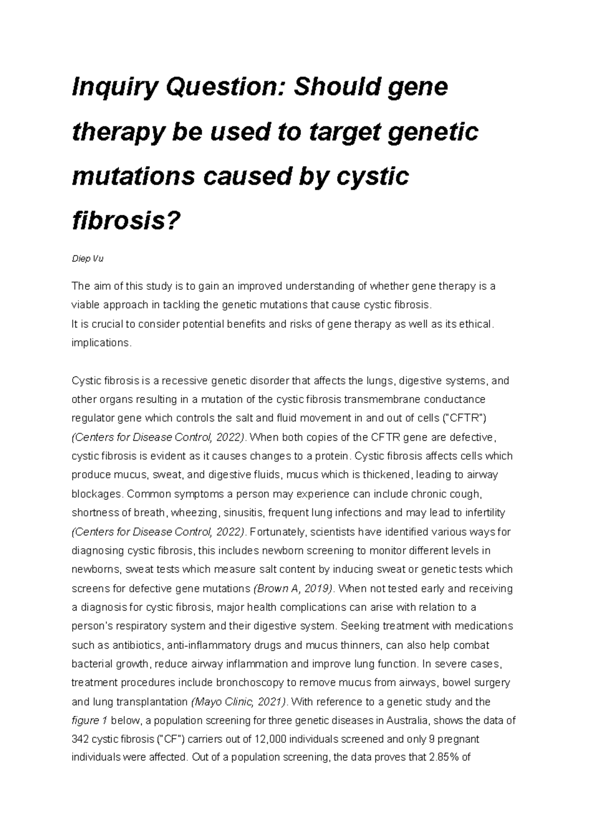 Biology - Gene Cloning and Cystic Fibrosis Depth study (Genetic Change ...