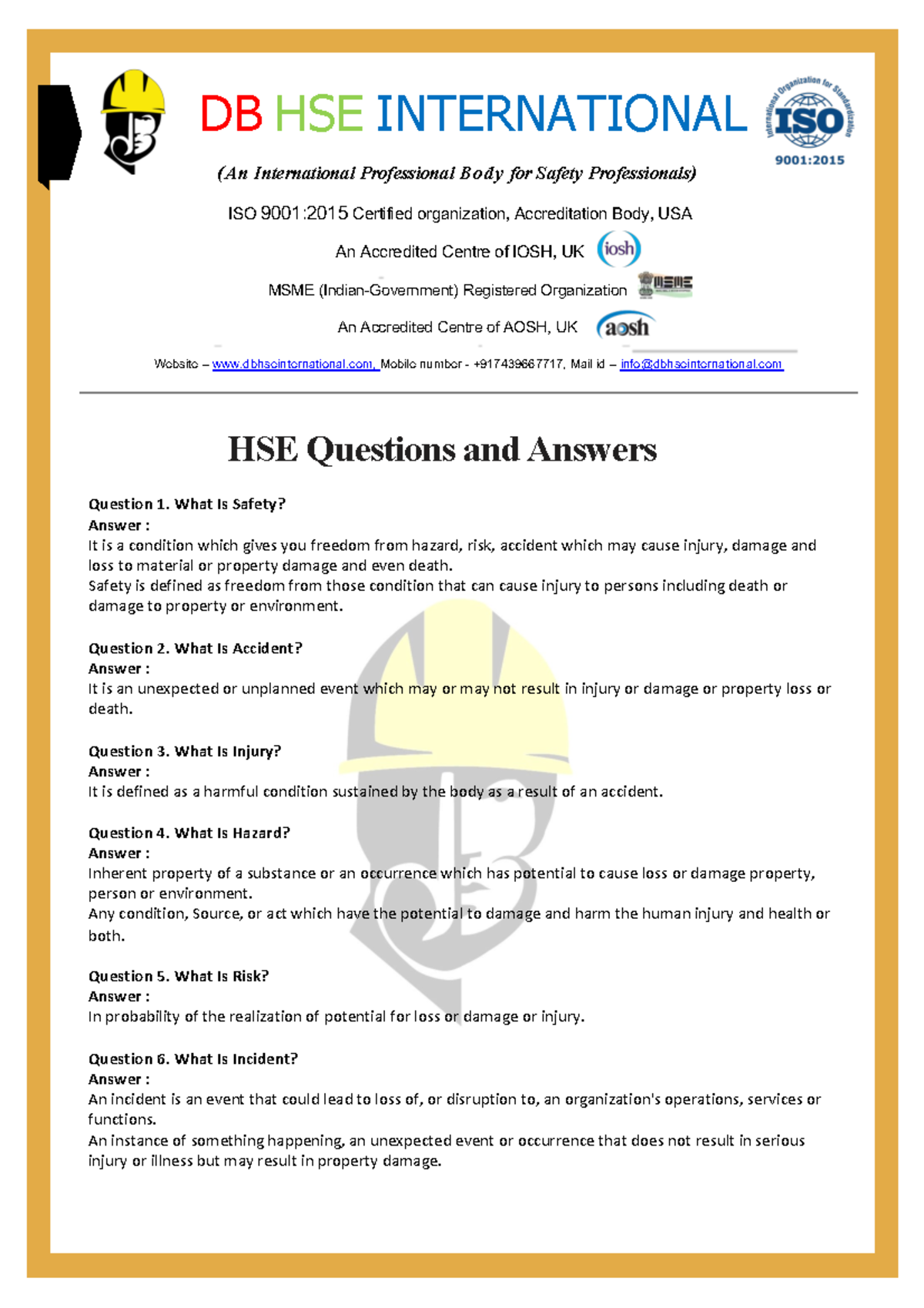 DB HSE Inviterview Questions AND Answers - HSE Questions and Answers ...
