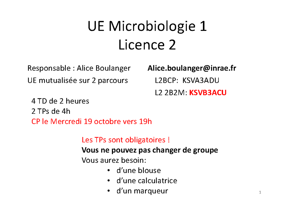 CM1-Introduction - l2 microbio bcp - UE Microbiologie 1 Licence 2 Responsable : Alice Boulanger ...
