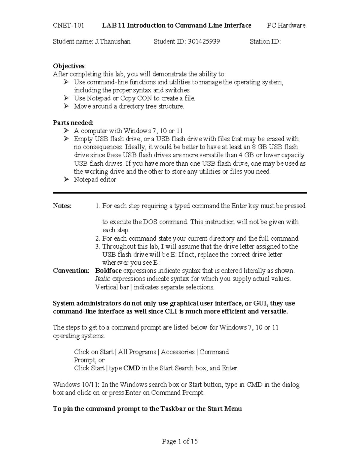 LAB 11 - Intro to CLI - Student name: J Student ID: 301425939 Station ID: Objectives: After ...