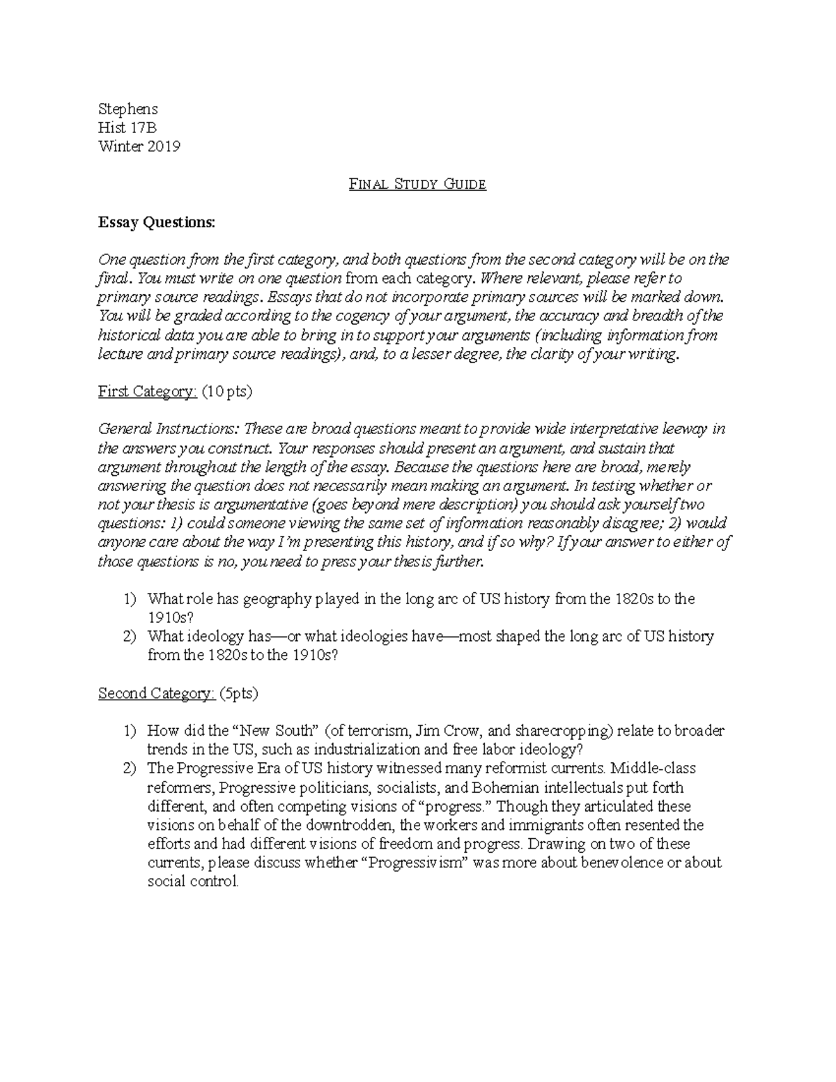 Final study guide - Stephens Hist 17B Winter 2019 F INAL STUDY GUIDE ...