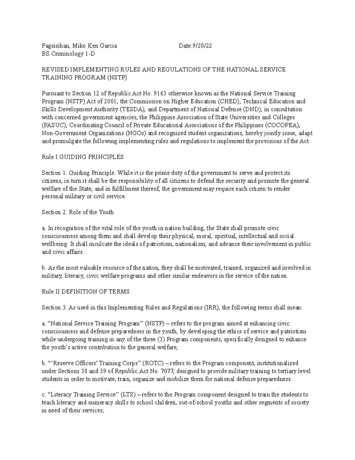 Pagsisihan L#2 Bscrim 1D - Pagsisihan, Miko Ken Garcia Date:9/20/ BS ...