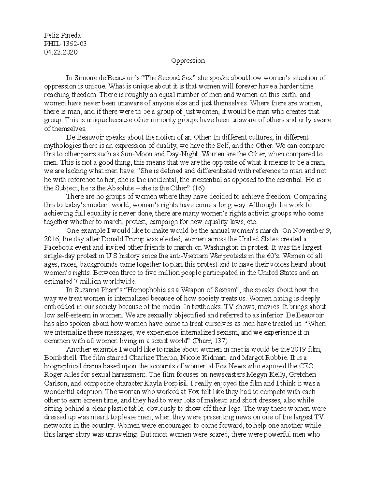 Oppression - Essay about Simone de Beauvoir's "The Second Sex" - Feliz ...