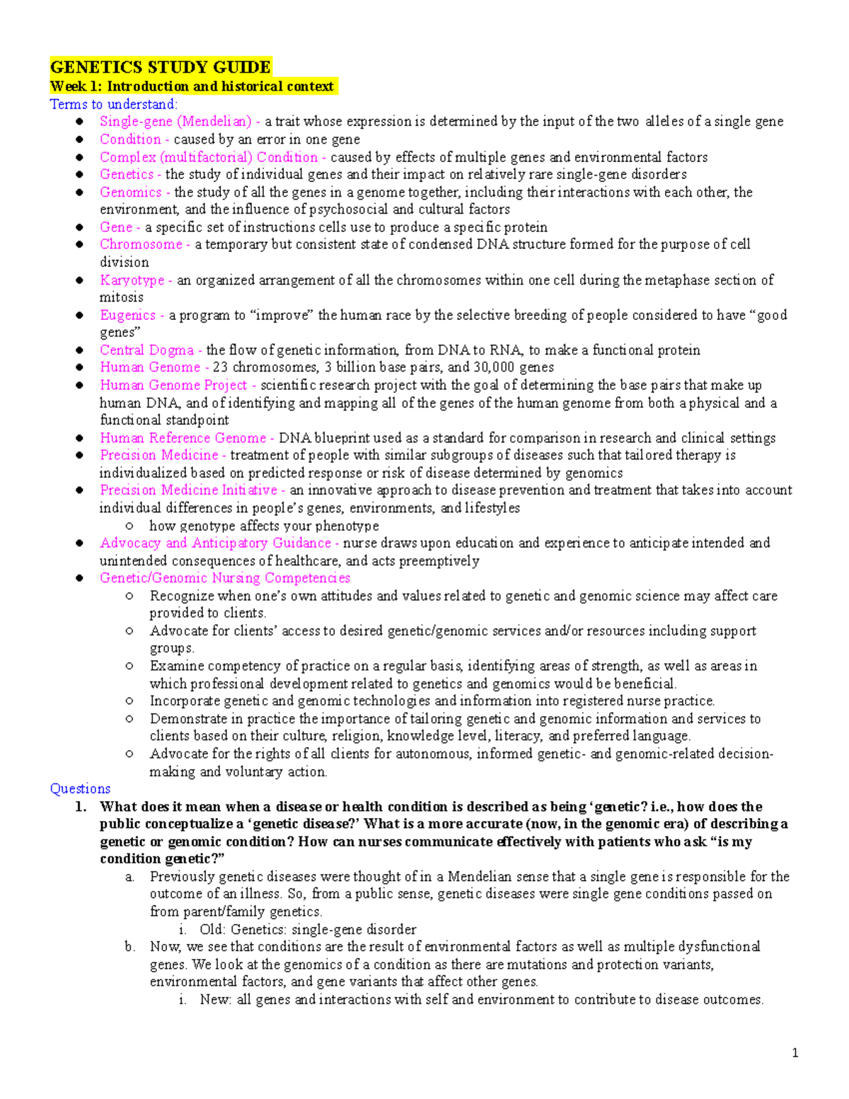 Genetics Study Guide - Lecture Notes - GENETICS STUDY GUIDE Week 1 ...
