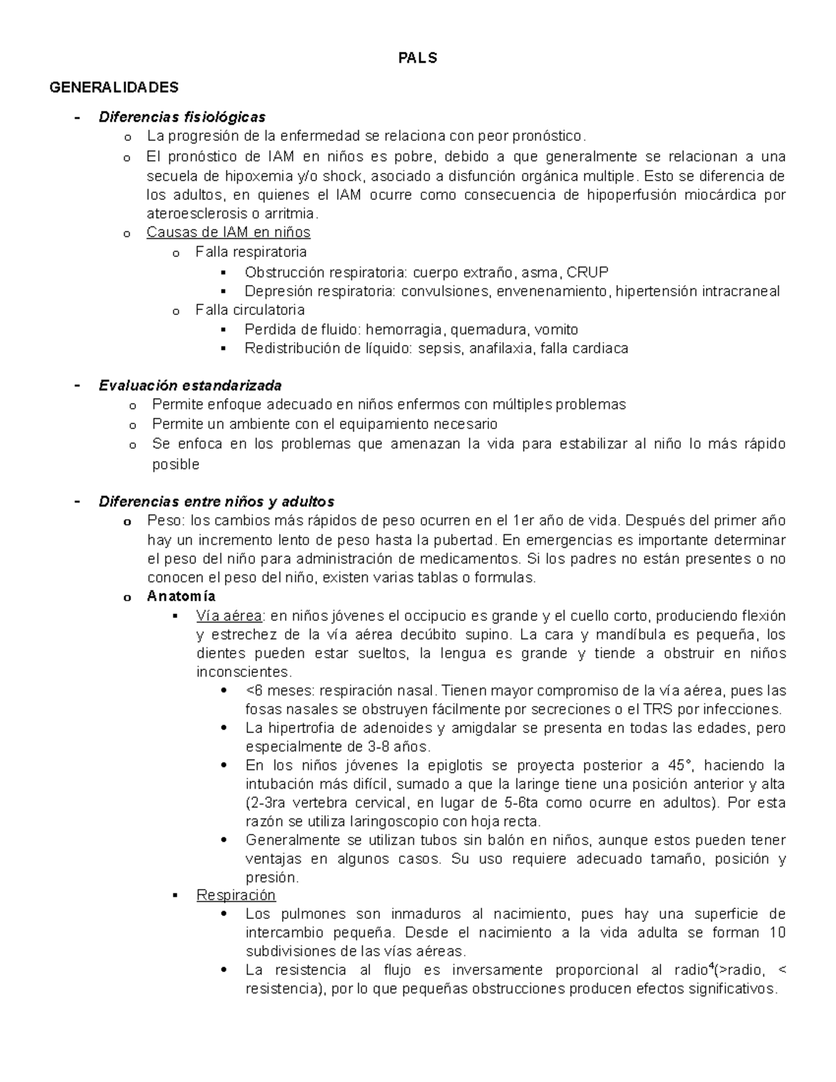 Reanimación pediatrica (PALS) - PALS GENERALIDADES Diferencias o La de ...