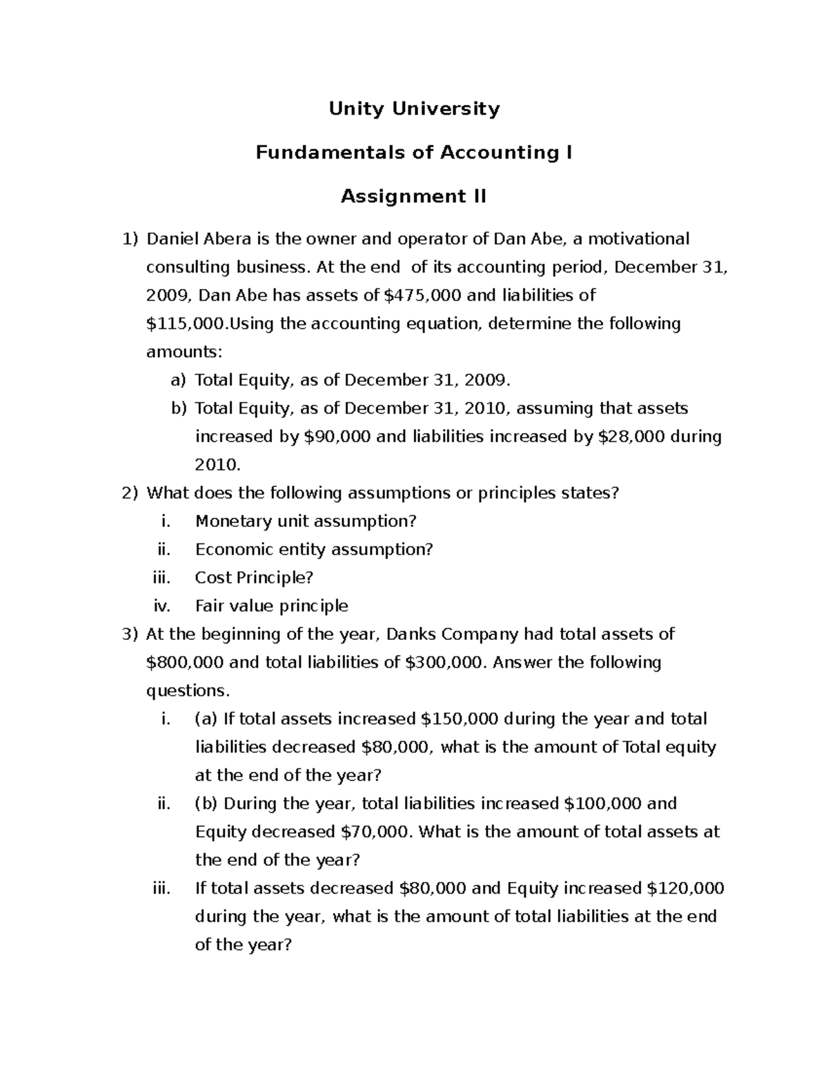 Fundamentals Of Accounting I Unity University Fundamentals Of Accounting I Assignment Ii