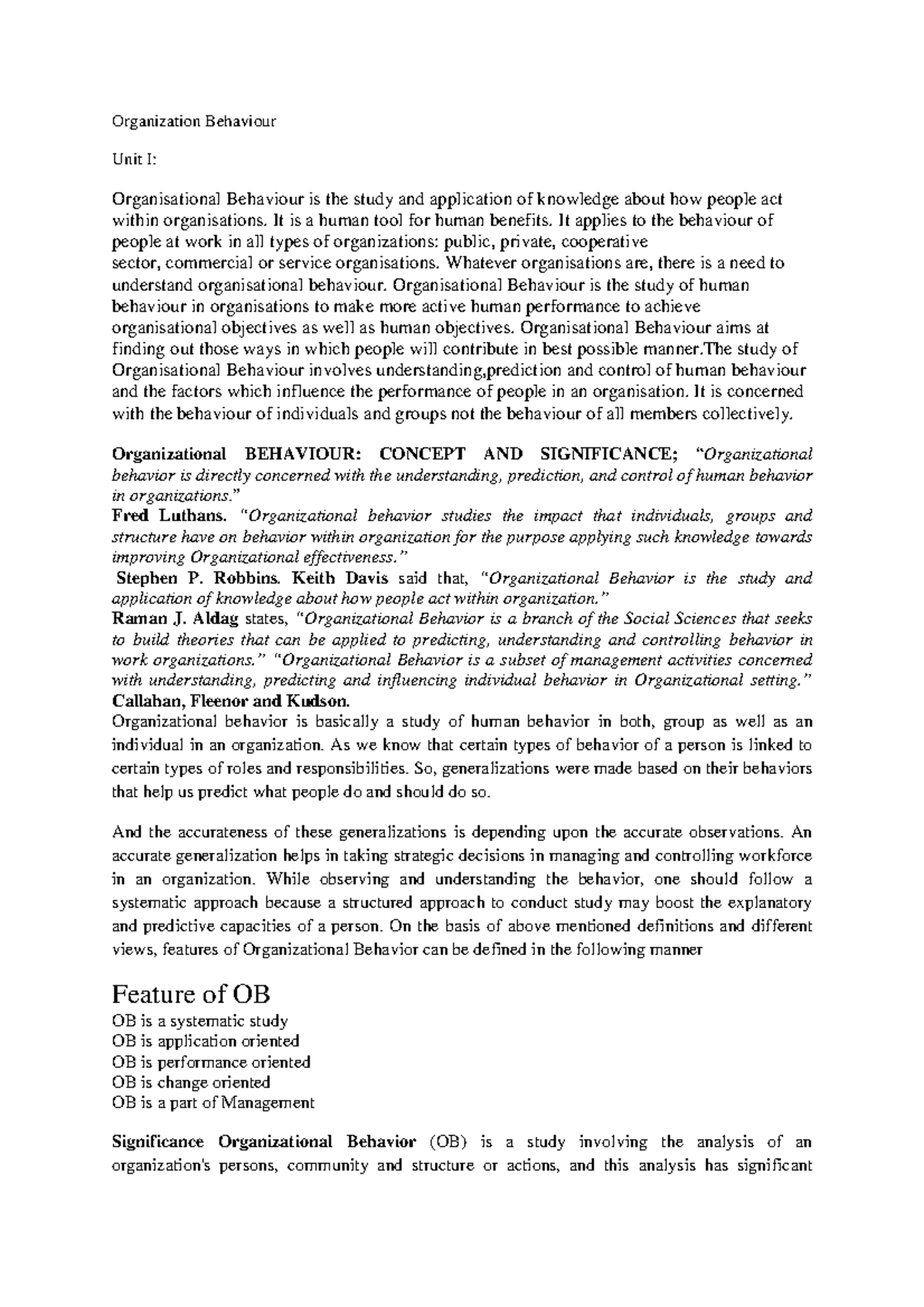 Unit 1 Notes OB 24-25 - Unit 1 - Organization Behaviour Unit I ...