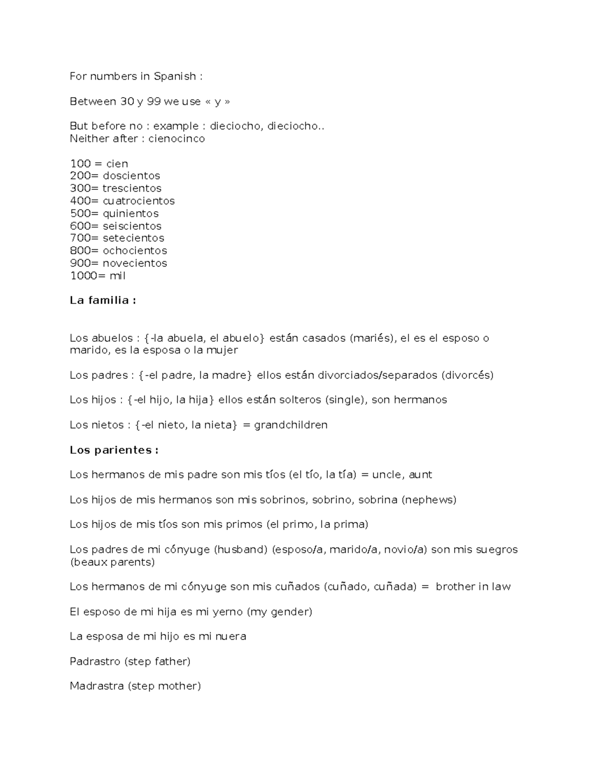 Span 201 Notes For Numbers In Spanish Between 30 Y 99 We Use Y