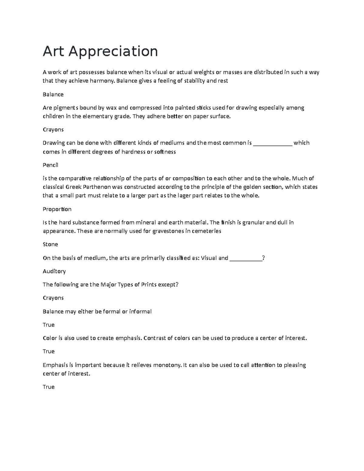 Art Appreciation dsada - Art Appreciation A work of art possesses ...