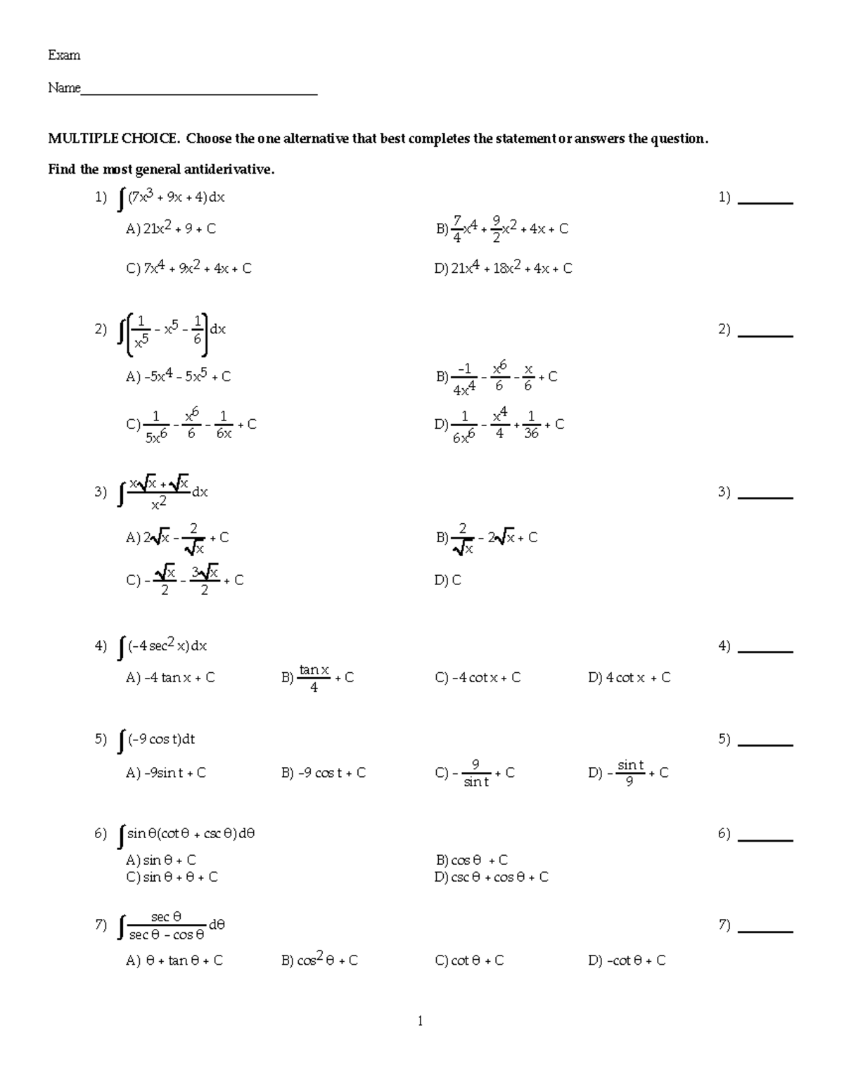 Cal-1 Test-3 MC Study Guide - Exam Name ...