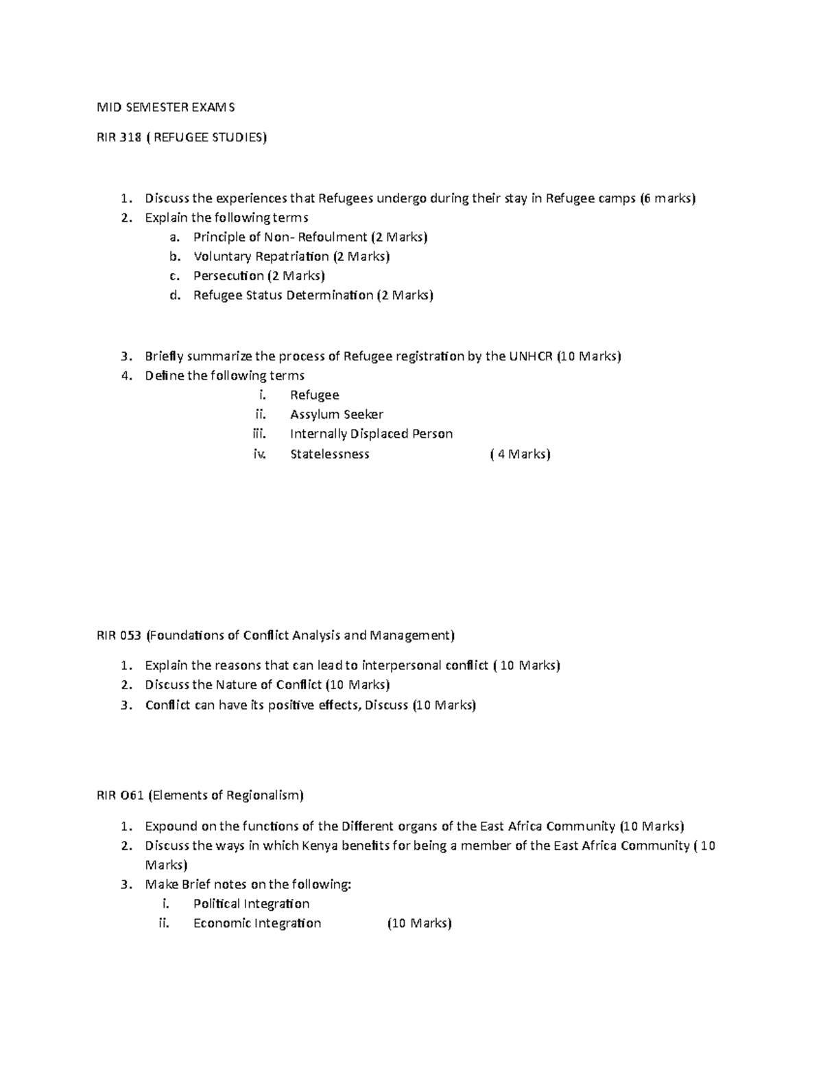 MID Semester Exams - Sample Questions - MID SEMESTER EXAMS RIR 318 ...