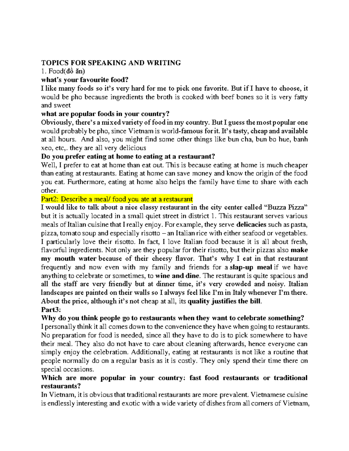 Speakinggg thi - Speaking - TOPICS FOR SPEAKING AND WRITING Food(đồ ăn ...