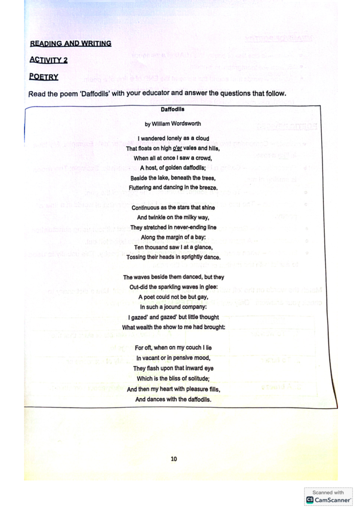 My lesson - READING AND WRITING ACTIVITY 2 POETRY Read the poem with ...