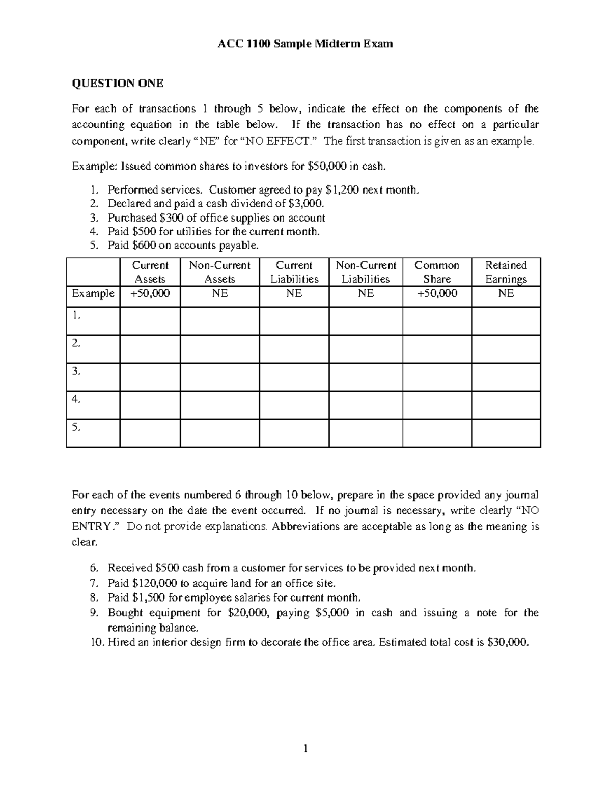 Midterm exam, questions and answers - QUESTION ONE For each of ...