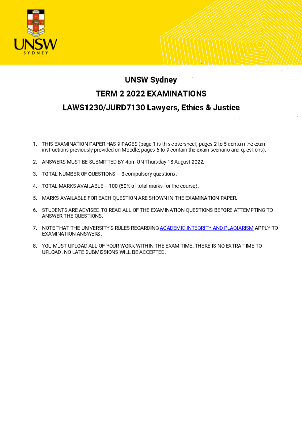 LEJ QP (T-2:2022) - End Semester examination - UNSW Sydney TERM 2 2022 ...