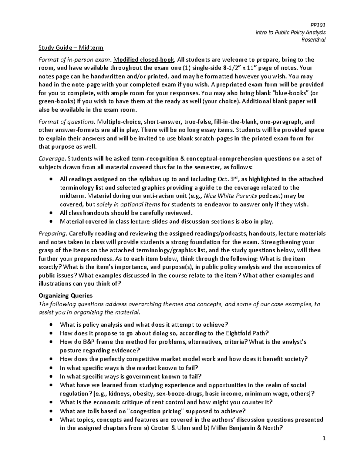 Study Guide PP Intro To Public Policy Analysis Rosenthal Study Guide