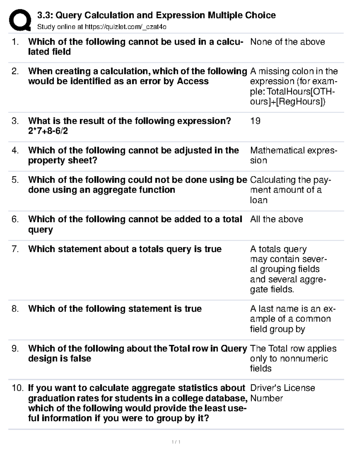 3.3 Query Calculation and Expression Multiple Choice - Which of the ...