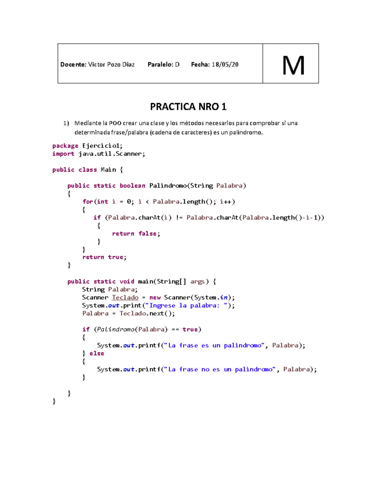 programacion orientada a objetos - PRACTICA NRO 1 Mediante la POO crear una clase y los métodos ...