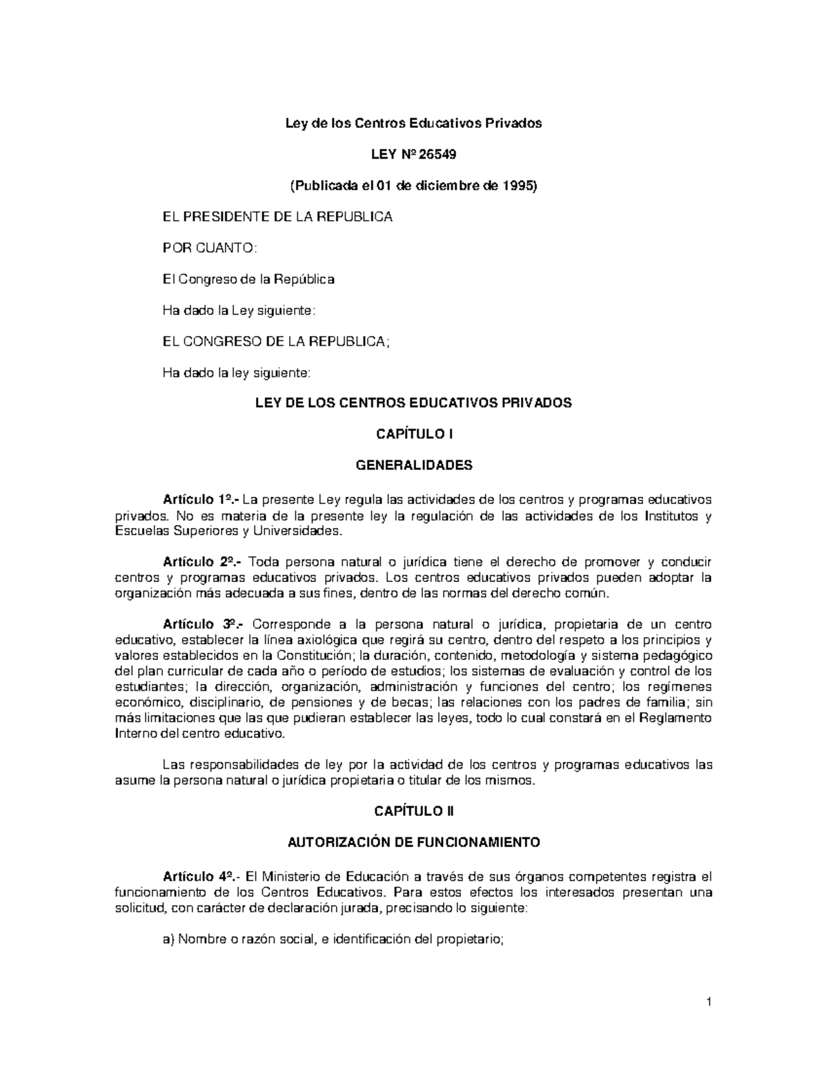 Ley N° 26549, Ley de los Centros Educativos Privados - Ley de los ...