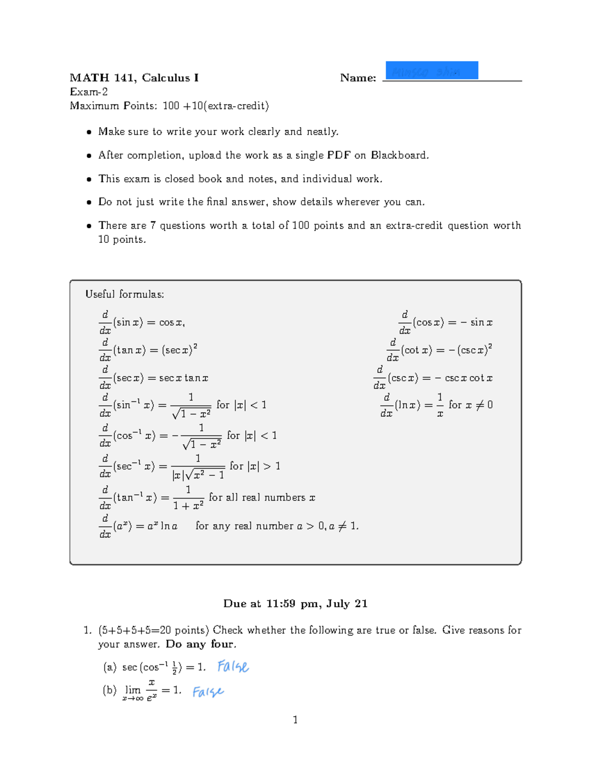 Exam 2 Summer 2022 Math 141 2 - MATH 141, Calculus I Name: Exam- Maximum Points: 100 - Studocu