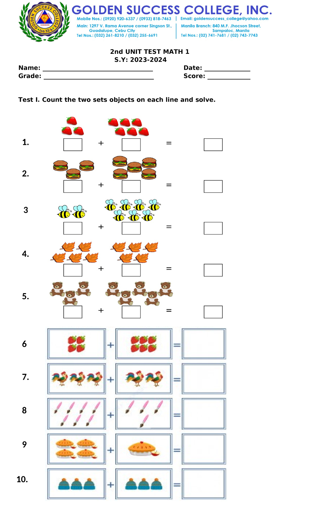 2nd UNIT TEST MATH 1 - Beed GenEd - Count the two sets objects on each ...