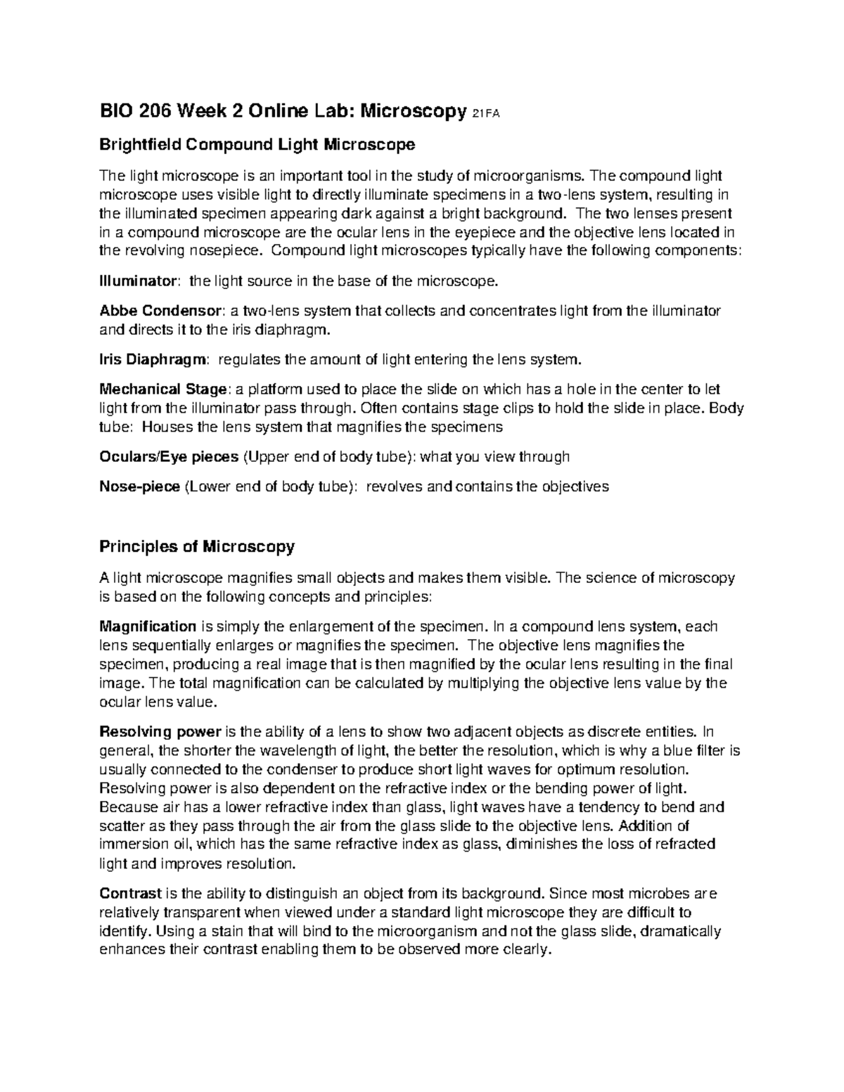 BIO 206 Week 2 Online Lab 21FA - BIO 206 Week 2 Online Lab: Microscopy ...