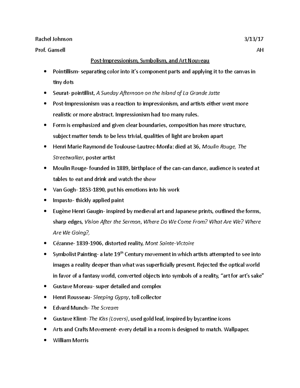 Art History II - Prof. Gansell - 3/13/17 : Post impressionism ...