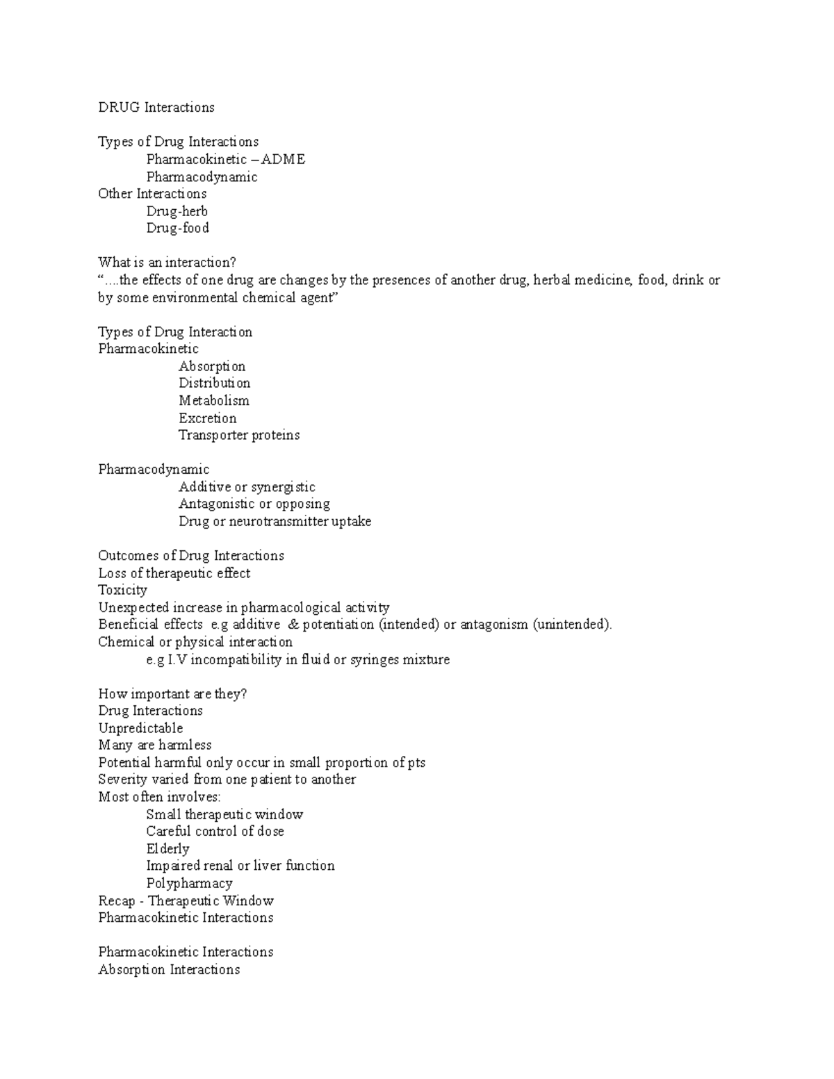 DRUG Interactions - Summary - DRUG Interactions Types of Drug ...
