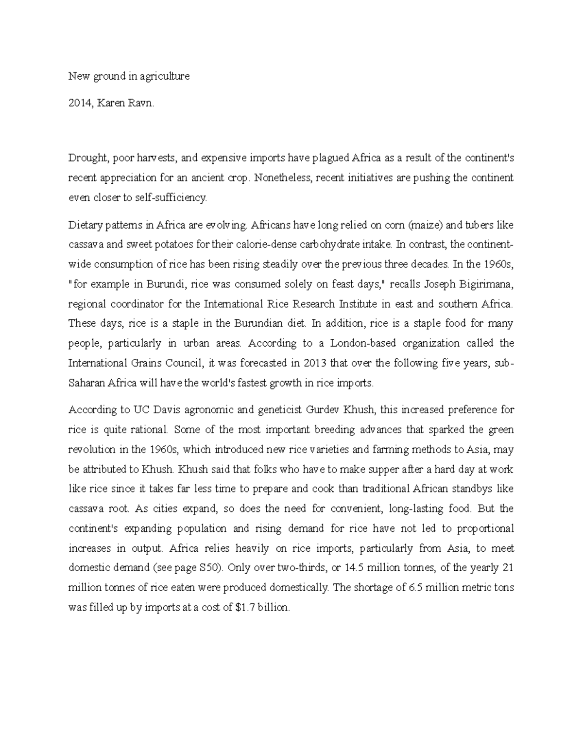 A Paper - New ground in agriculture 2014, Karen Ravn. Drought, poor ...