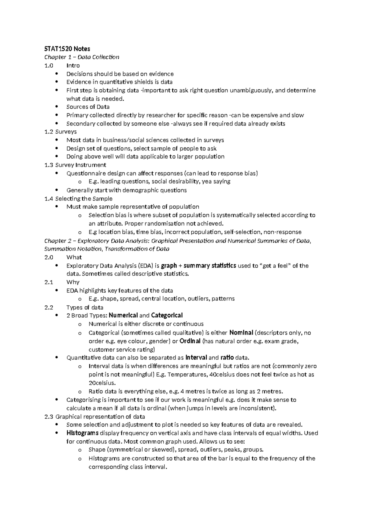 Stat1520 Notes Stat1520 Notes Chapter 1 Data Collection 1 Intro Decisions Should Be Based On