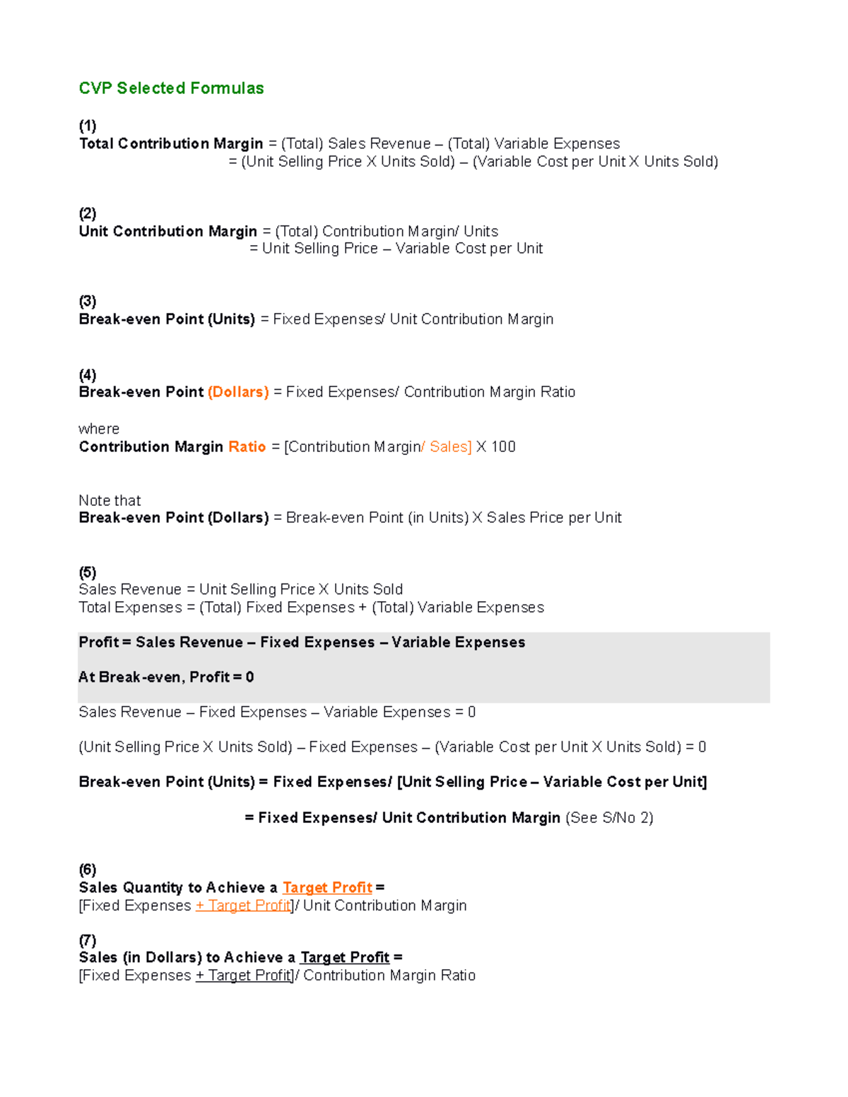 CVP Formulas - CVP Selected Formulas (1) Total Contribution Margin ...
