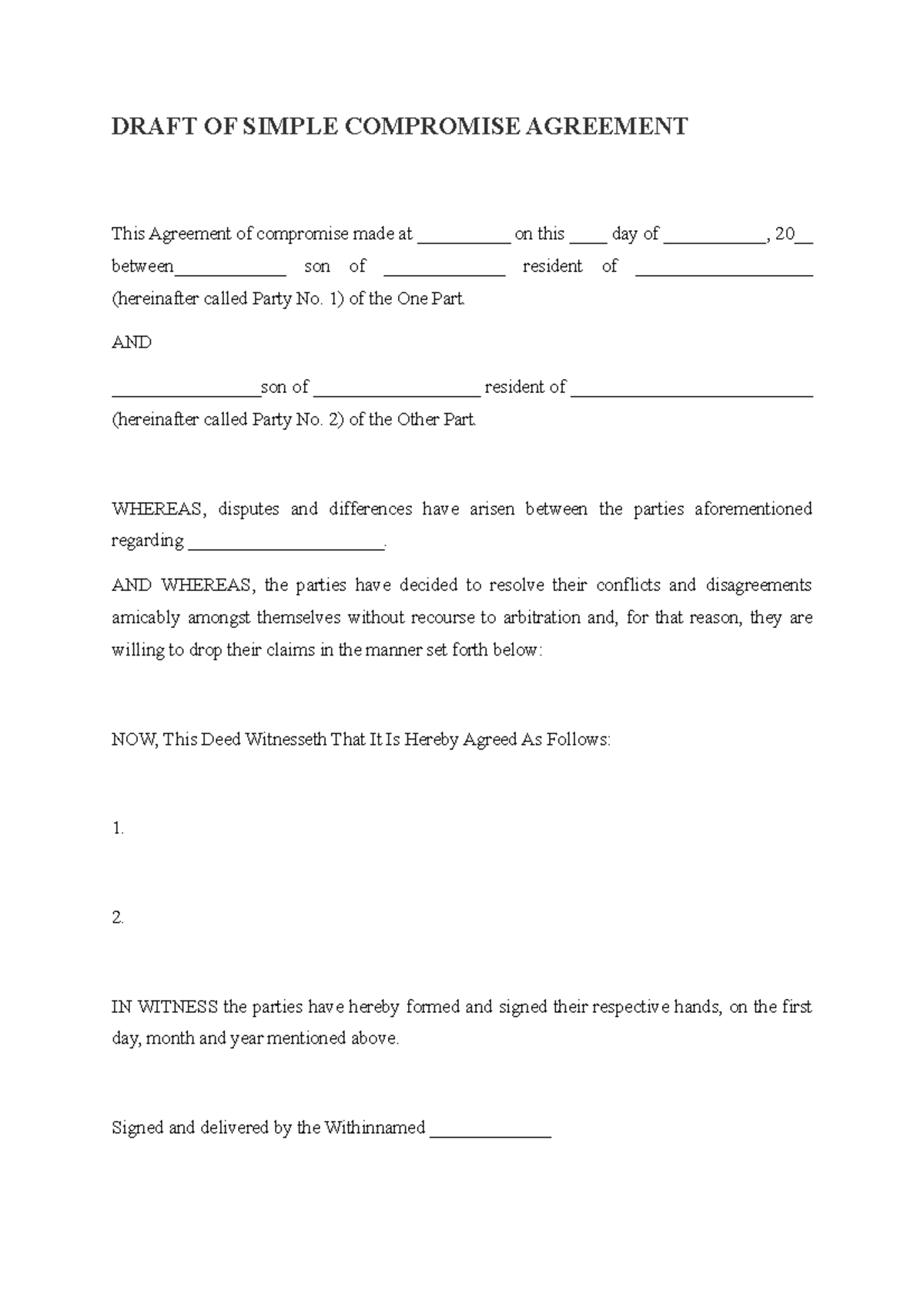 Draft of simple compromise agreement - DRAFT OF SIMPLE COMPROMISE ...