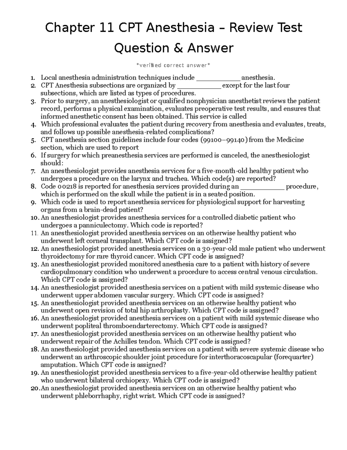 Chapter 11 CPT Anesthesia – Review Test - Chapter 11 CPT Anesthesia ...