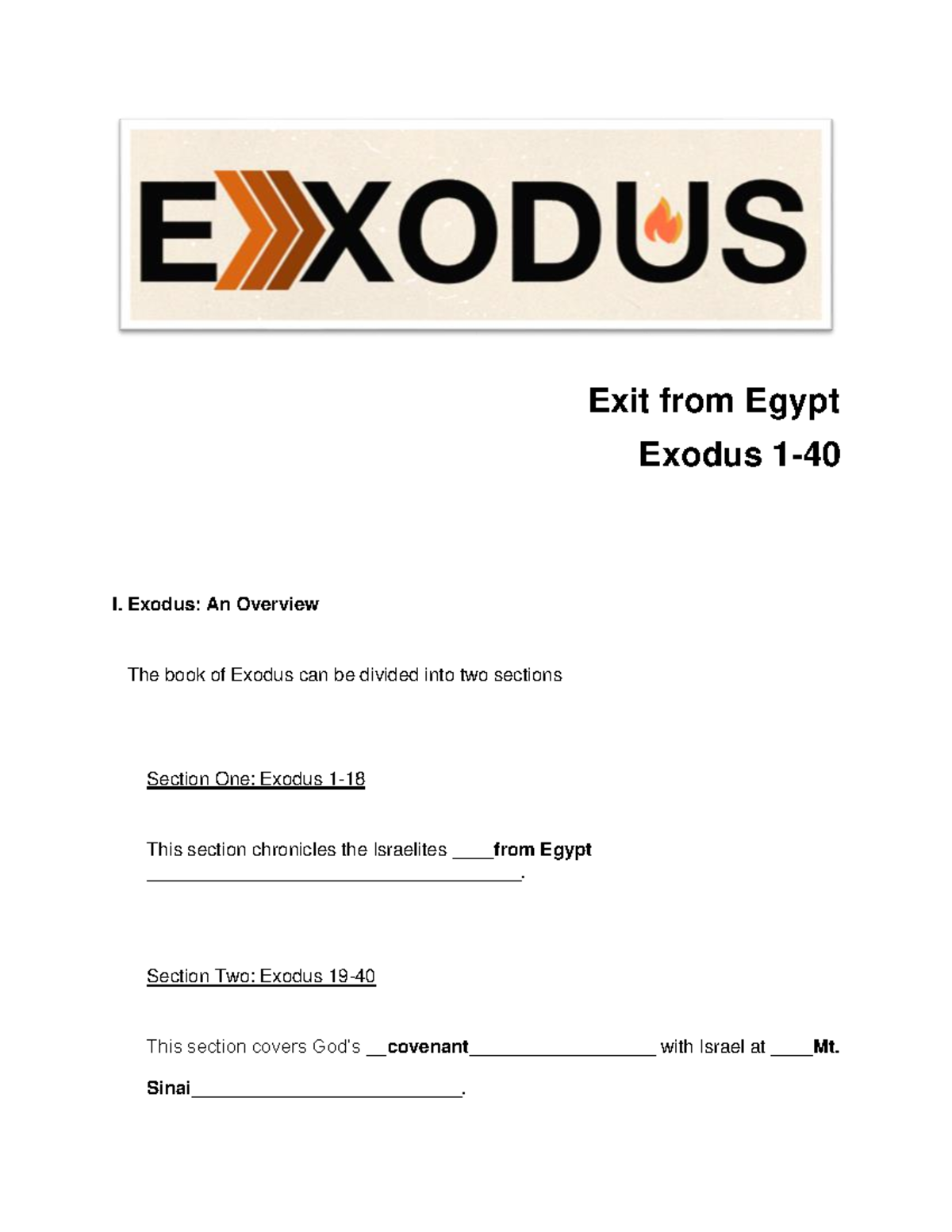 Exodus BIBL105 Notes - Exit from Egypt Exodus 1- I. Exodus: An Overview ...
